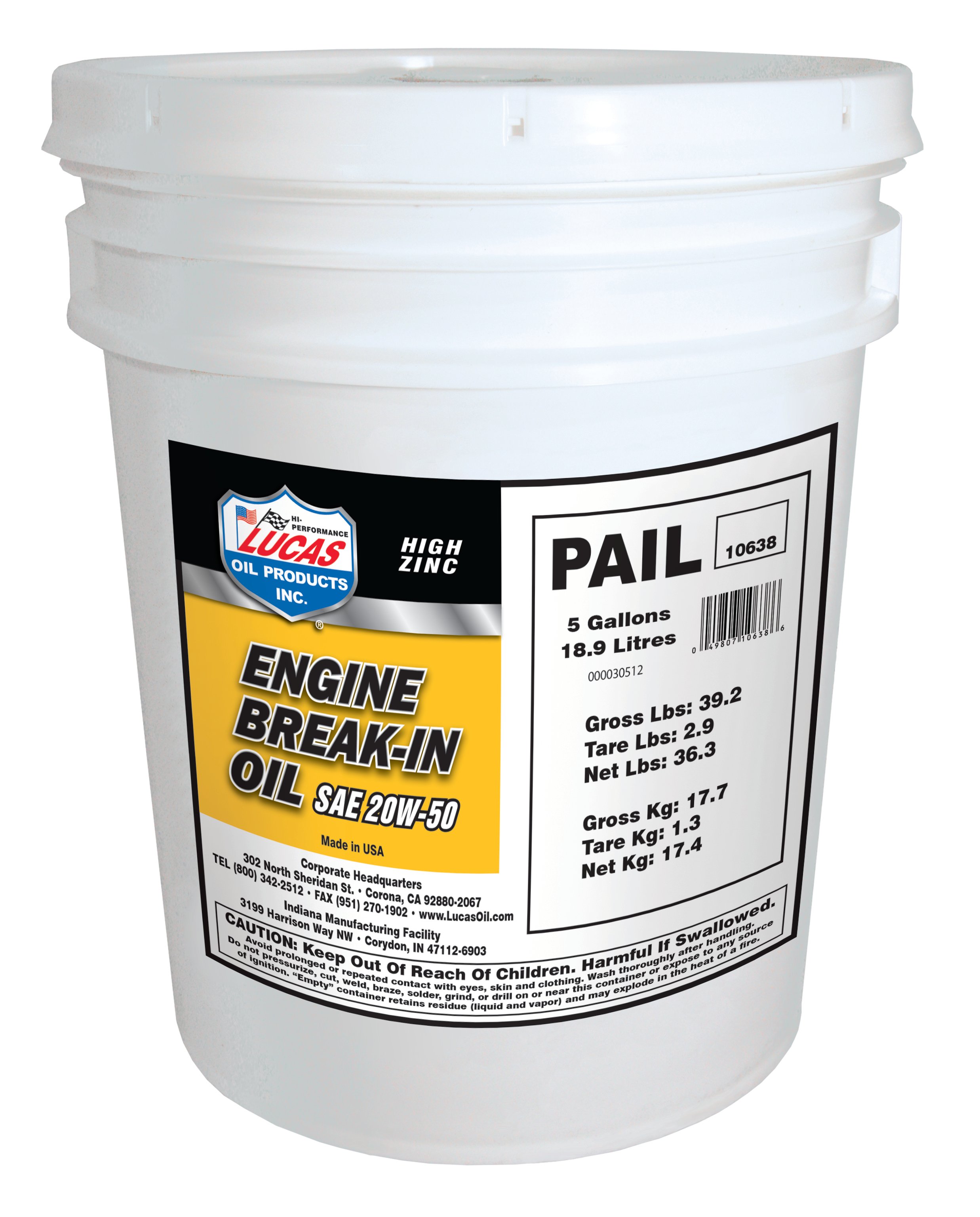 Lucas Oil 10638 Sae 20w-50 Break-In Oil - 5 Gallon Pail | Autoplicity